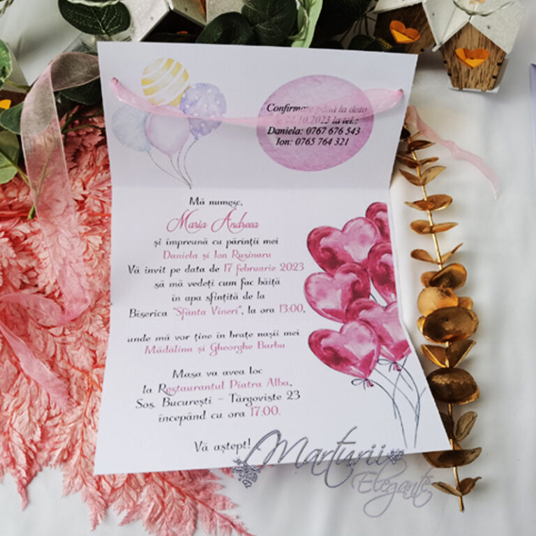 Invitatie Botez cu Animalute Haioase si Baloane Inima