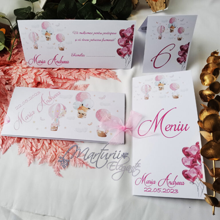 Invitatie Botez cu Animalute Haioase si Baloane Inima