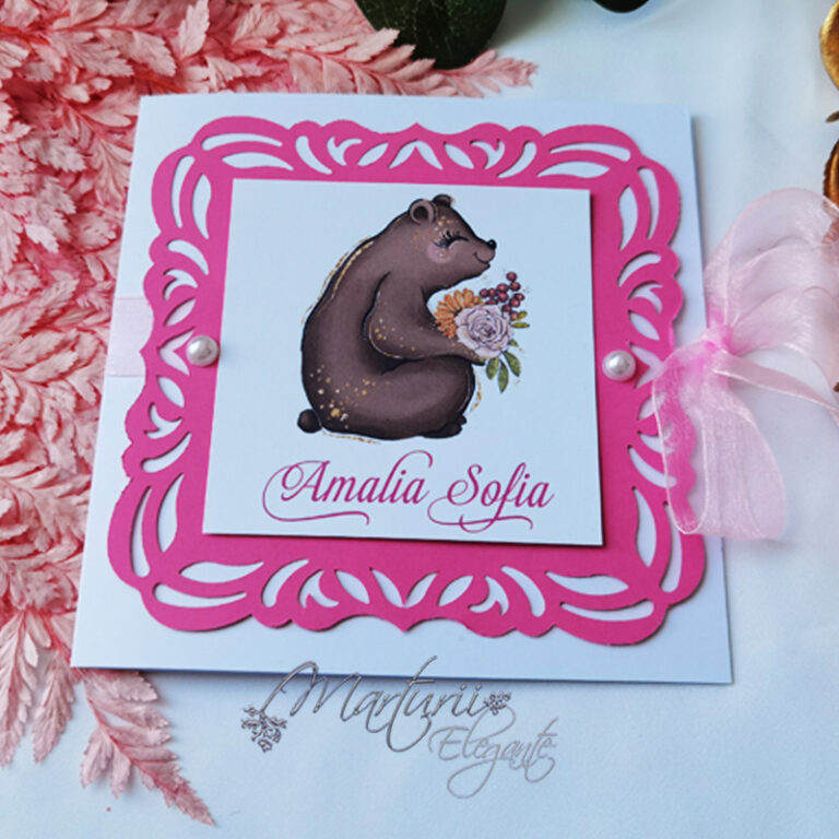 Invitatie Botez Decupaj Elegant si Perlute Ursulet Fetita cu Bujori